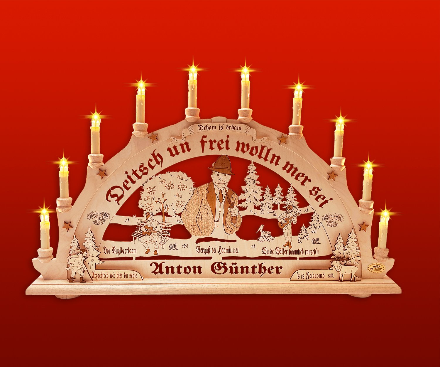 Schwibbogen Anton Günther 10-flammig mit Blende und vielen Extras | Original Erzgebirge ...