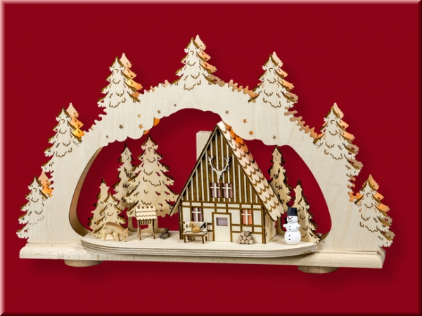 Schwibbogen 2D graviert mit Waldhaus rauchend mit Schneemann | Original ...